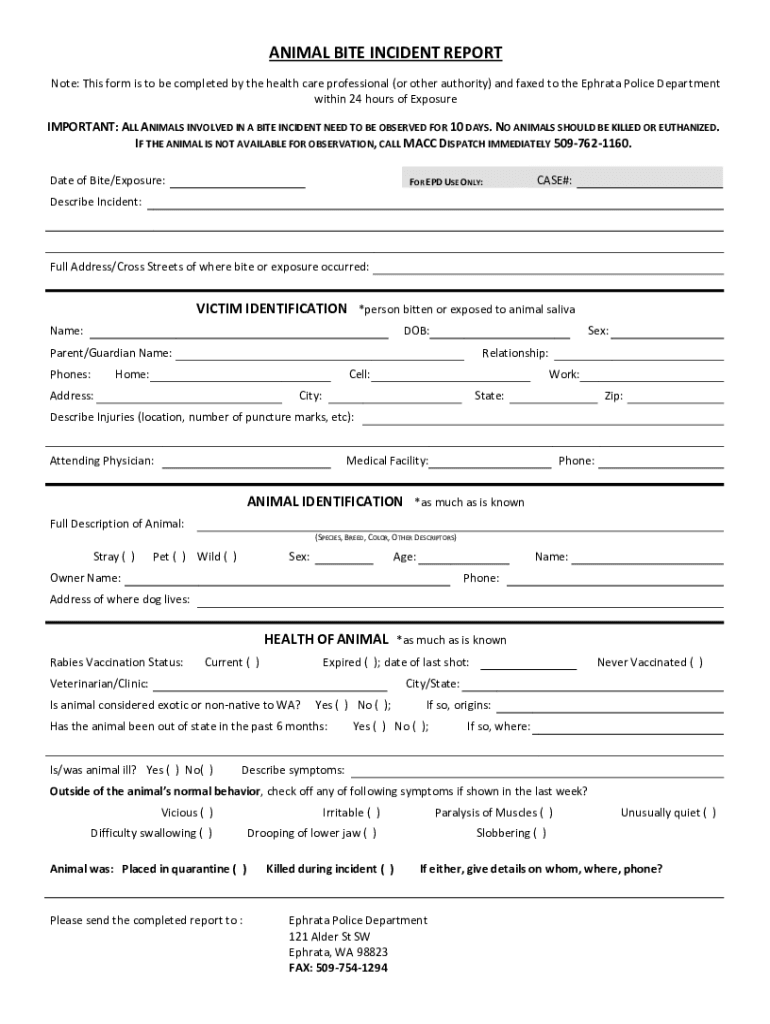 Fillable Online Animal Bite Incident Report - Grant County Health ...