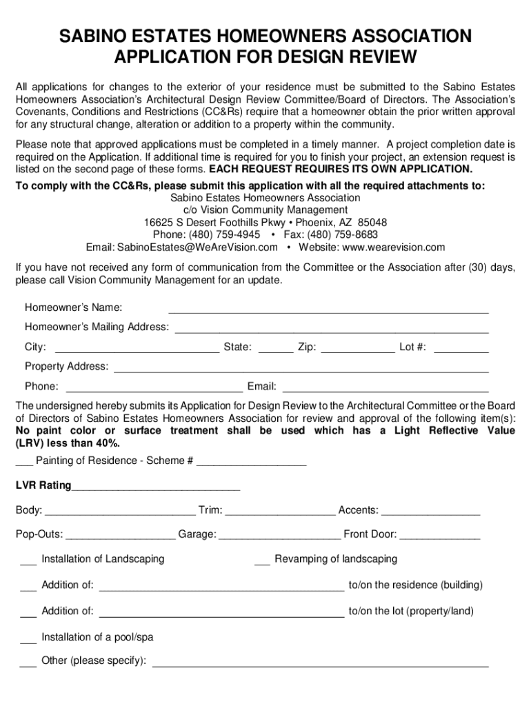 Fillable Online sabino estates homeowners association application for ...