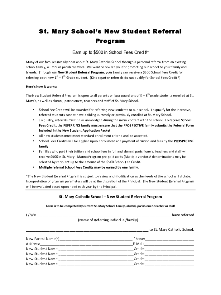 Fillable Online St. Mary School's New Student Referral Program Fax ...