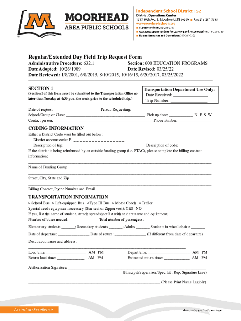 Fillable Online 632.1 Regular/Extended Day Field Trip Request Form Fax ...