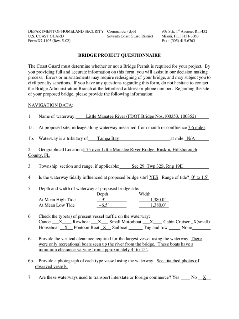 Fillable Online BRIDGE PROJECT QUESTIONNAIRE The Coast Guard must ...