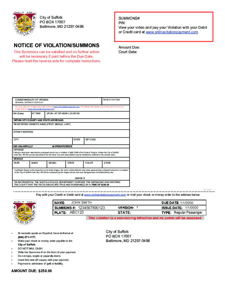 Fillable Online NOTICE OF VIOLATION/SUMMONS Fax Email Print - pdfFiller