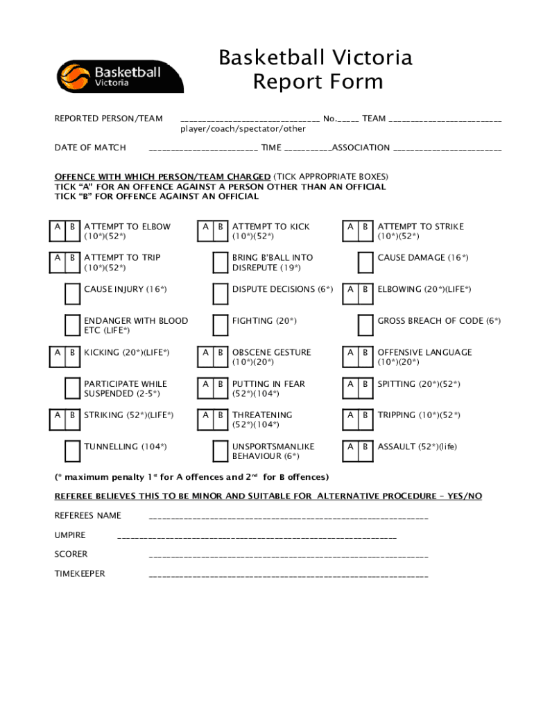 Fillable Online Basketball Victoria Report Form Fax Email Print - pdfFiller