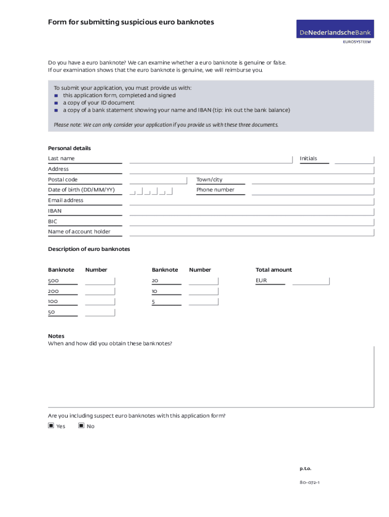 Fillable Online Form for submitting suspicious euro banknotes. NL Fax ...