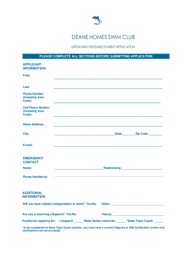 Fillable Online River Edge Swim Club Employment Application Fax Email ...
