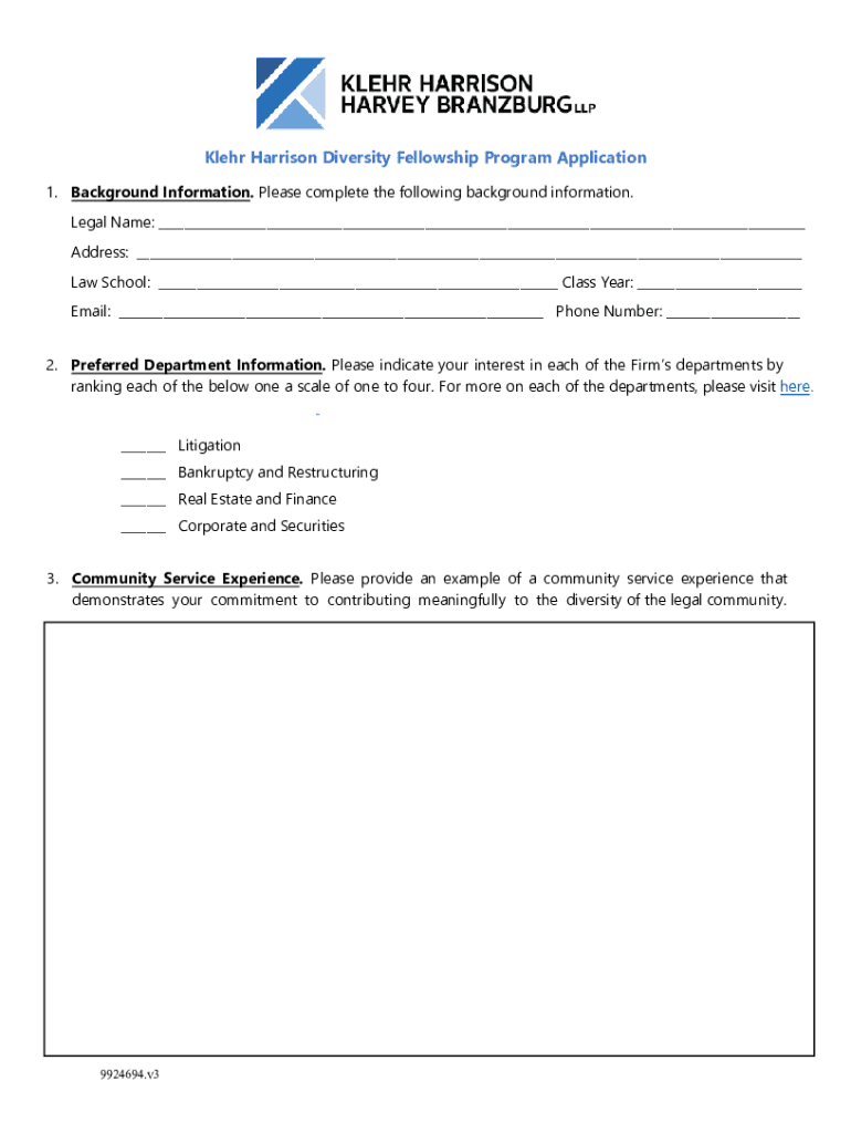 Fillable Online Klehr Harrison Diversity Fellowship Program Application ...