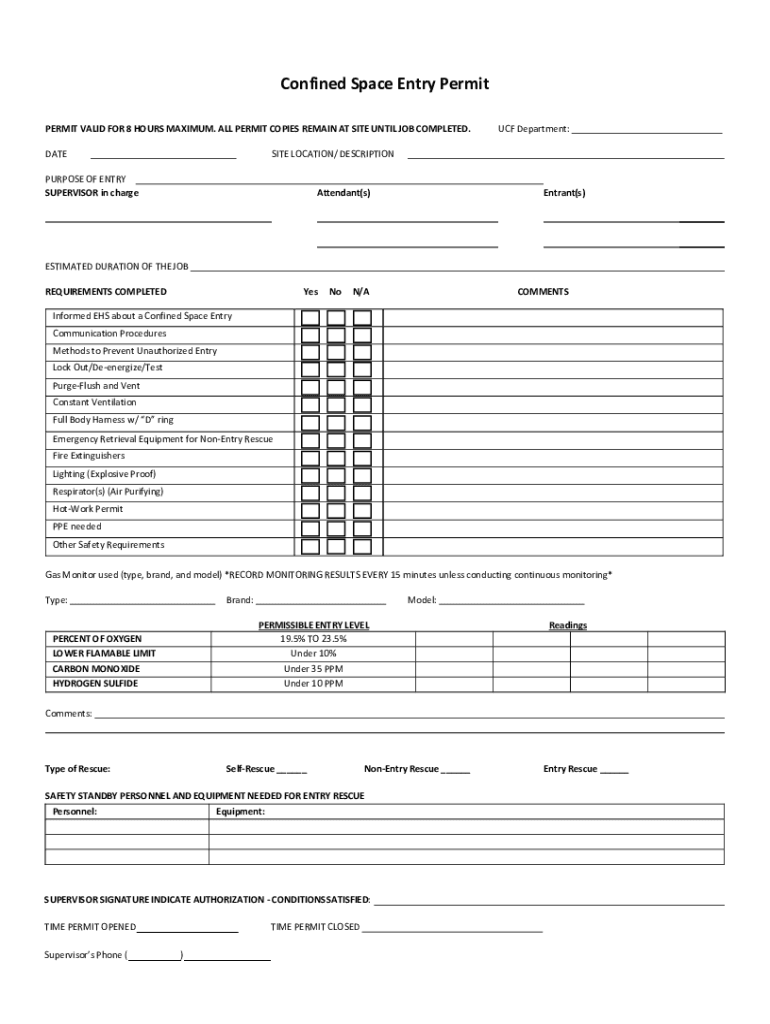 Fillable Online ehs ucf Confined Space Entry Permit - Facilities ...
