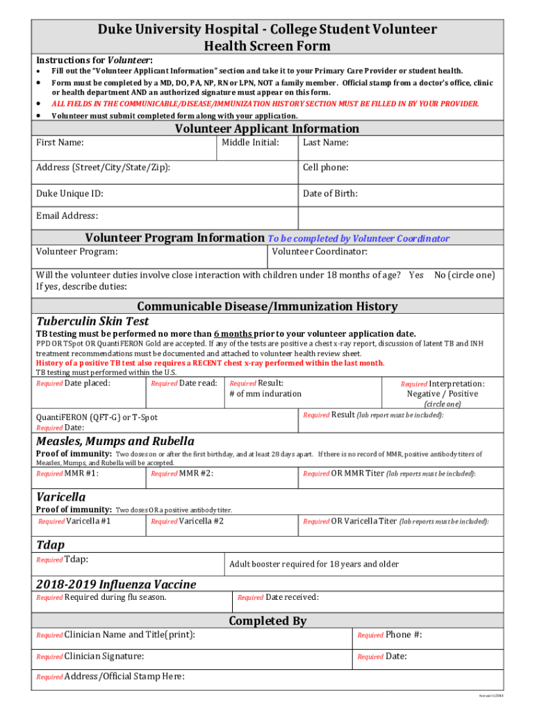 Fillable Online College Student Volunteer Health Screen Form Fax Email ...