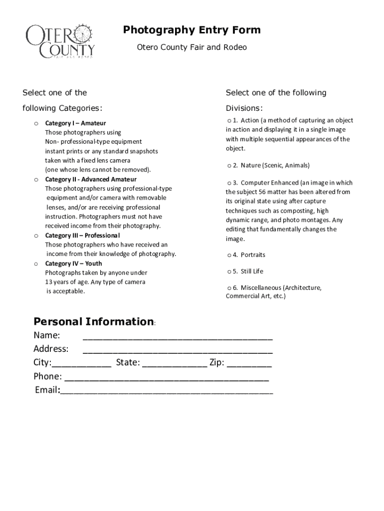 Fillable Online Photography Entry Form Personal Information: Name Fax Email Print - pdfFiller
