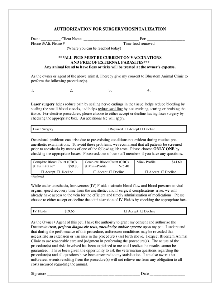 Fillable Online Surgery Admitting and Consent Form - Seneca Animal ...