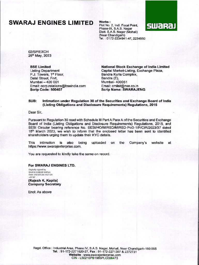 Fillable Online Swaraj Engines Company Profile: Stock Performance ...