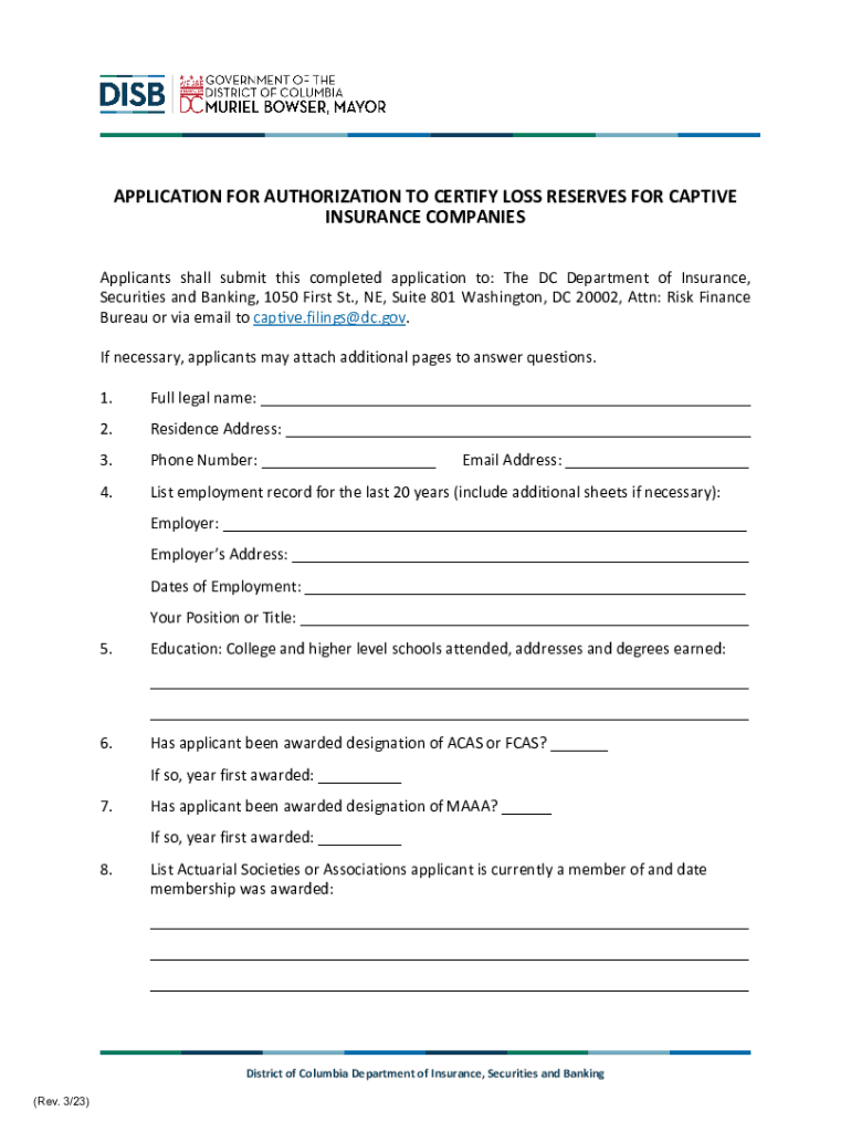 Fillable Online disb dc APPLICATION FOR AUTHORIZATION TO CERTIFY LOSS ...