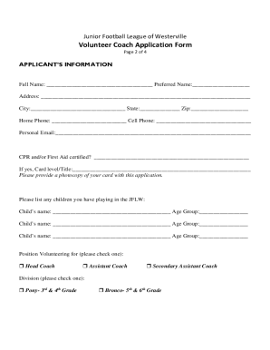 Fillable Online VOLUNTEER FOOTBALL COACH APPLICATION The ... Fax Email ...