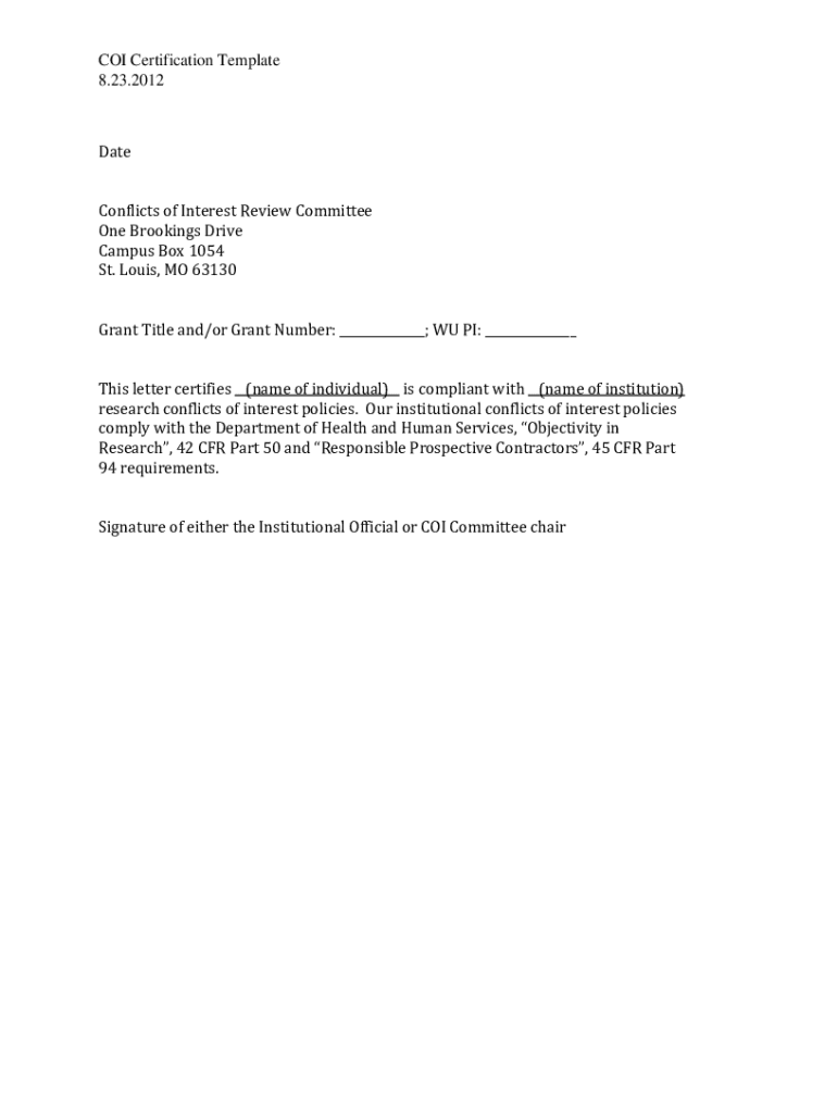 Fillable Online COI Certification Template 8.23.2012 Date Conflicts of ...