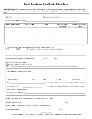 Fillable Online Mesick Consolidated School District Release Form Fax ...