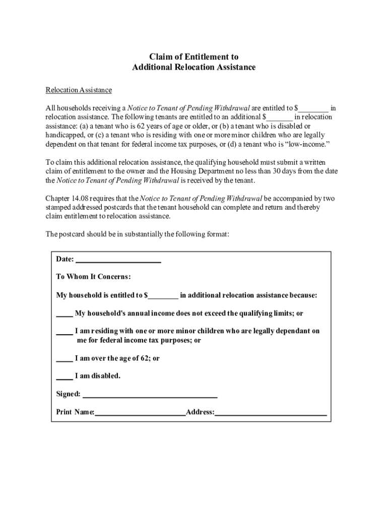 Fillable Online Claim of Entitlement to Additional Relocation Assistance Fax Email Print - pdfFiller