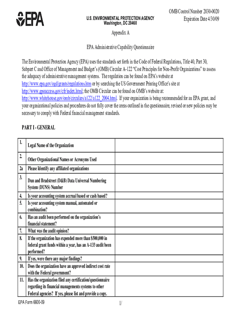 Fillable Online Form 6600 09 EPA Administrative Capability ...