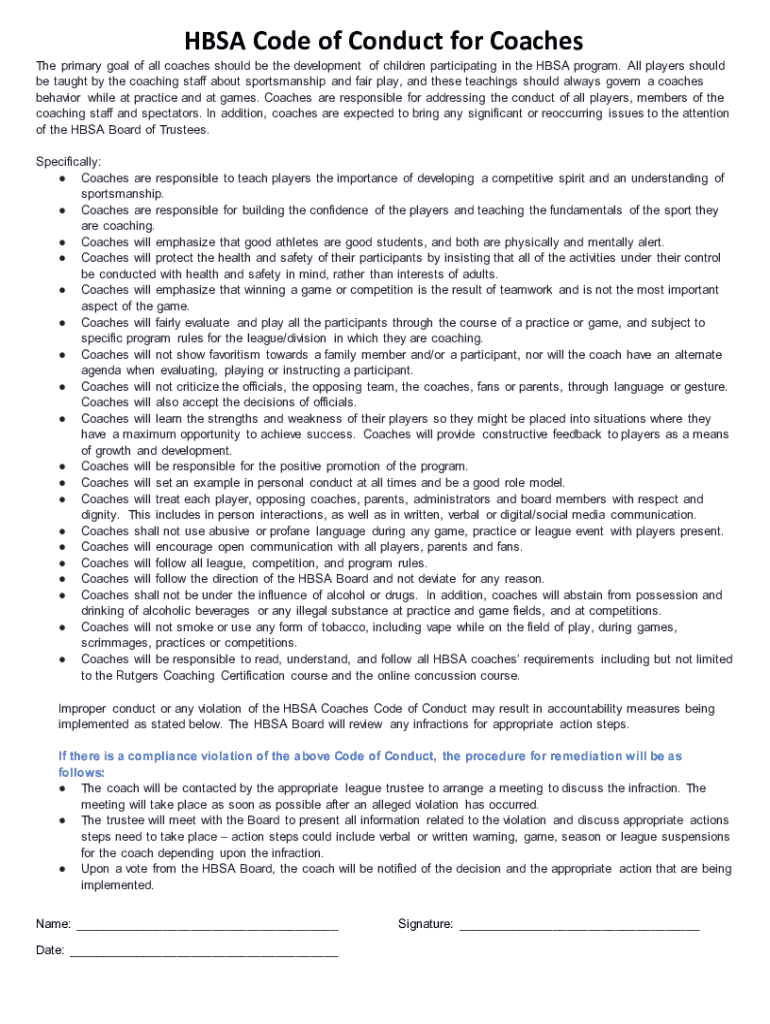 Fillable Online HBSA Code of Conduct for Coaches Fax Email Print ...
