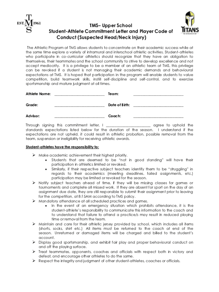 Fillable Online TMS Upper School Student-Athlete Commitment Letter ... Fax Email Print - pdfFiller