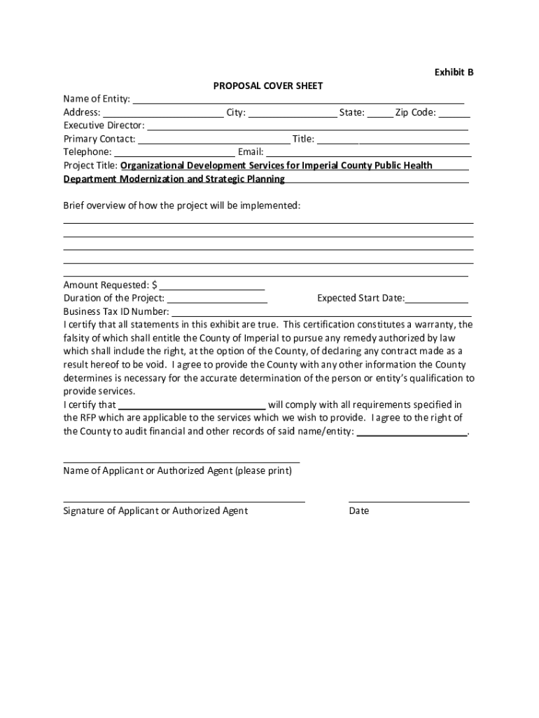 Fillable Online Exhibit B PROPOSAL COVER SHEET Name of Entity Fax Email Print - pdfFiller