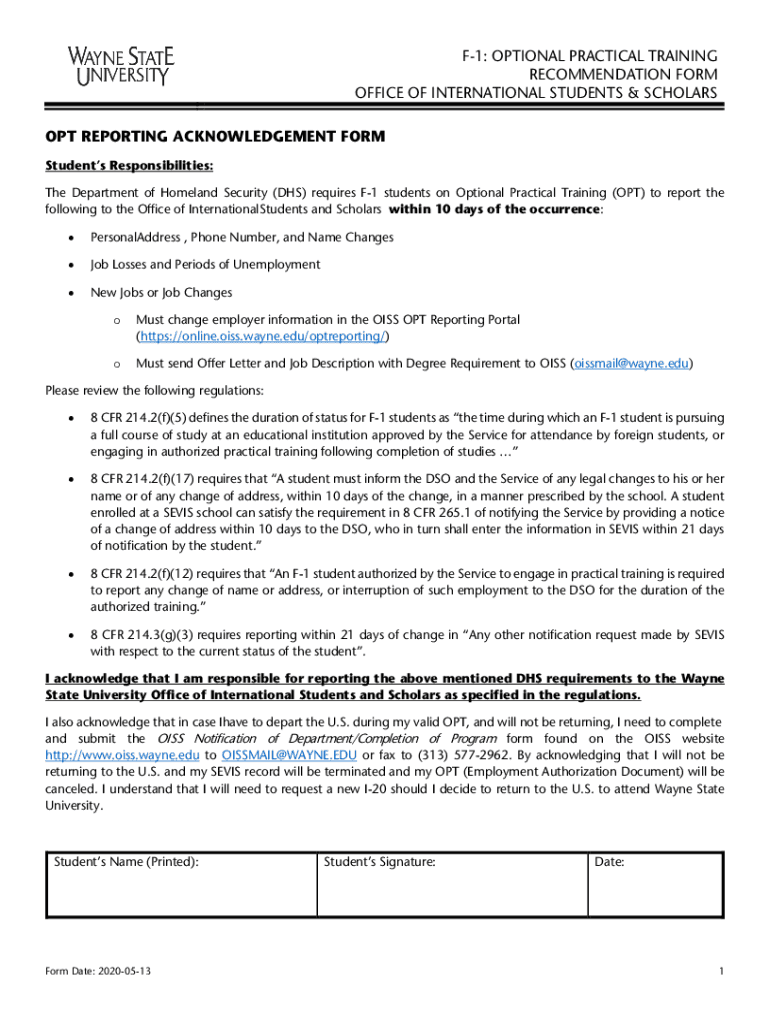 Fillable Online f-1: optional practical training recommendation form ...
