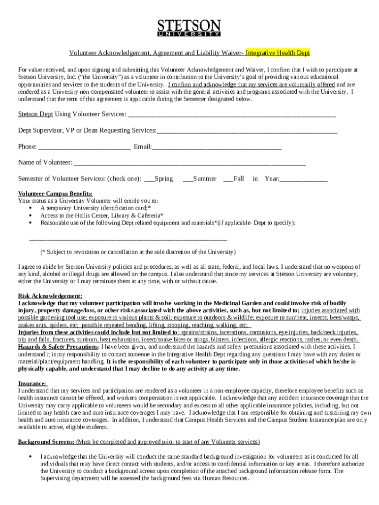 Volunteer Program Acknowledgement and Liability Waiver Doc Template ...