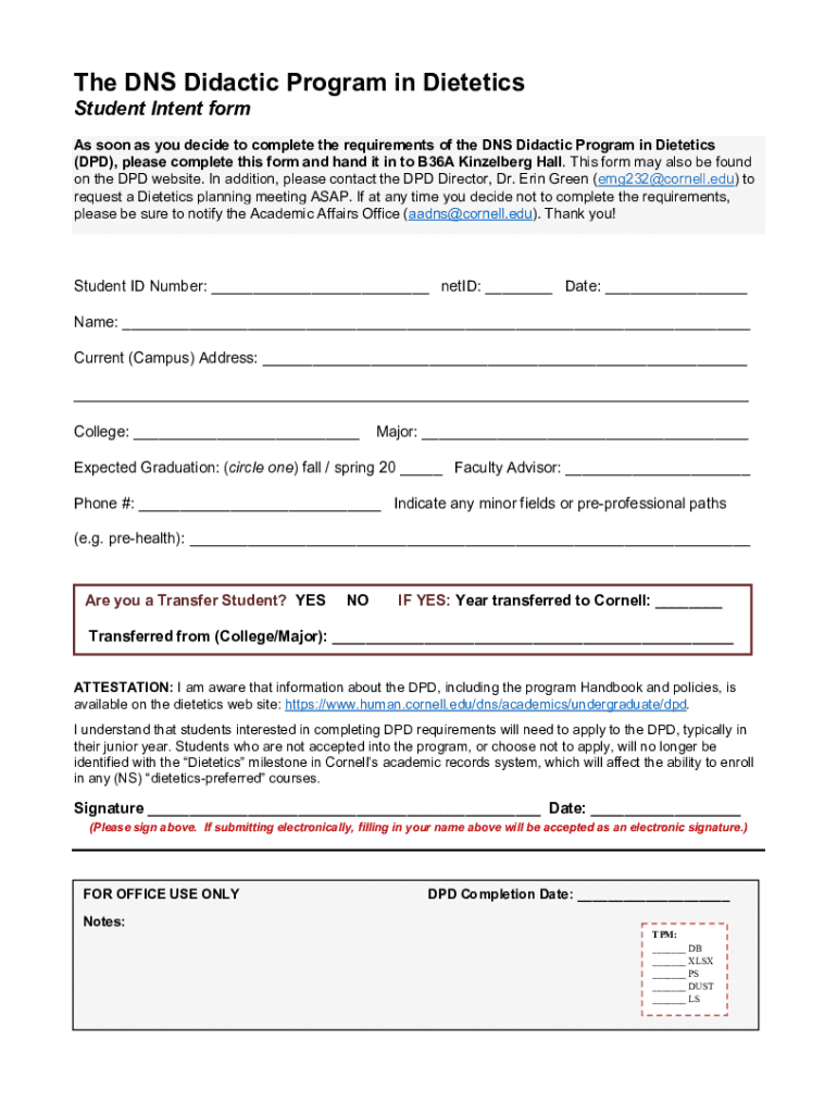 Fillable Online DNS DPD student intent form Fax Email Print - pdfFiller