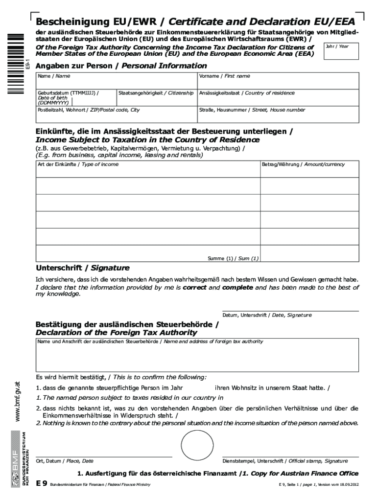 Fillable Online Bescheinigung EU/EWR / Certificate and Declaration ...