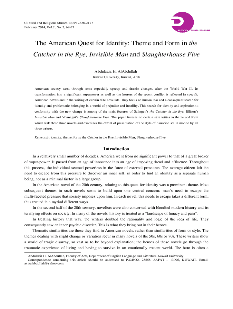 Fillable Online 1-The American Quest for Identity Theme and Form in the ...