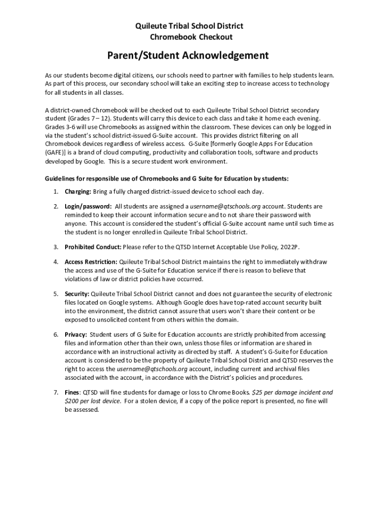 Fillable Online Chromebook Care Agreement for Students - Quincy School ...