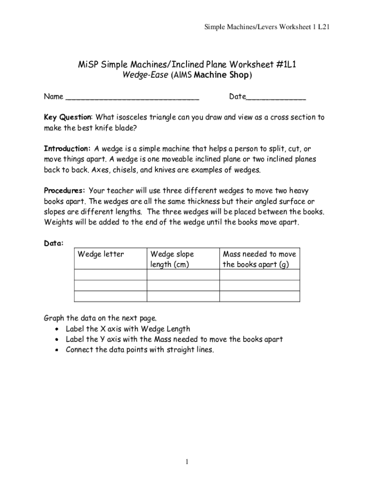 Fillable Online MiSP Simple Machines/Inclined Plane Worksheet #1L1 ...