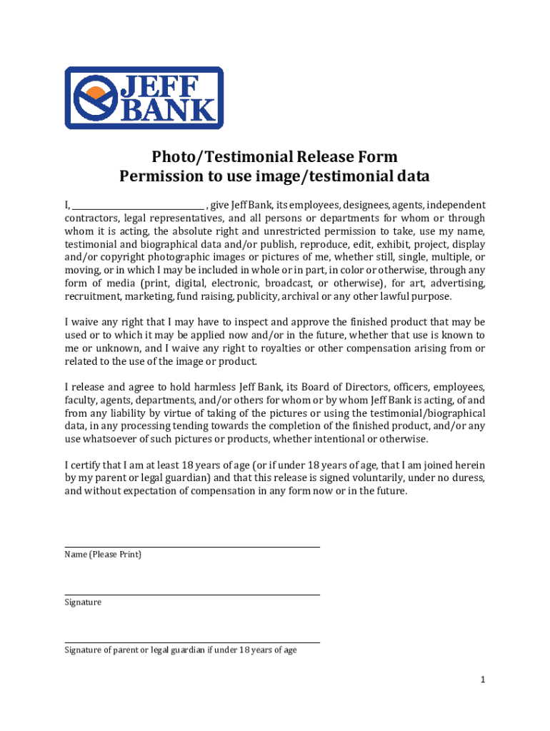 Fillable Online Photo/Testimonial Release Form Permission to use image ...