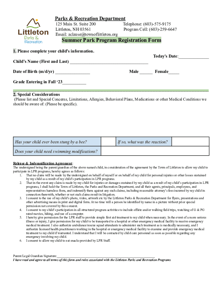 Fillable Online Summer Park Registration Form Fax Email Print - pdfFiller