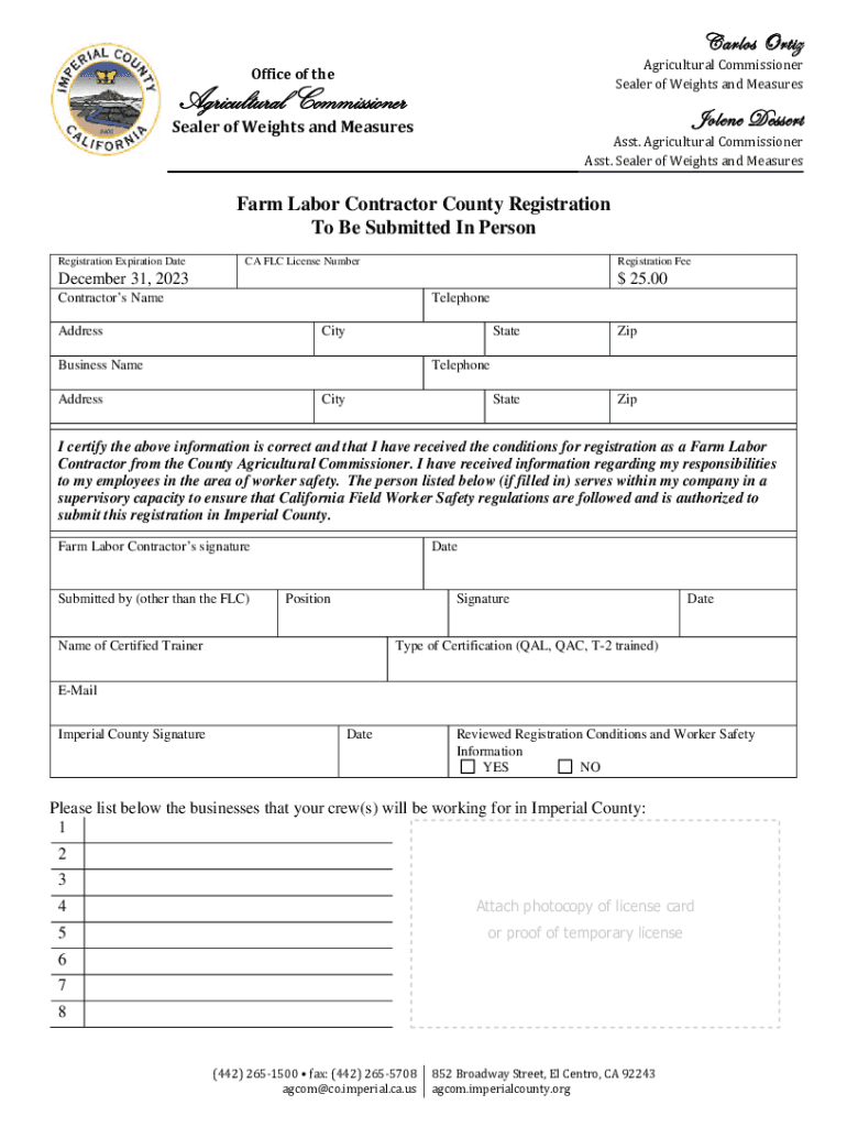 Fillable Online Farm Labor Contractor County Registration Fax Email ...