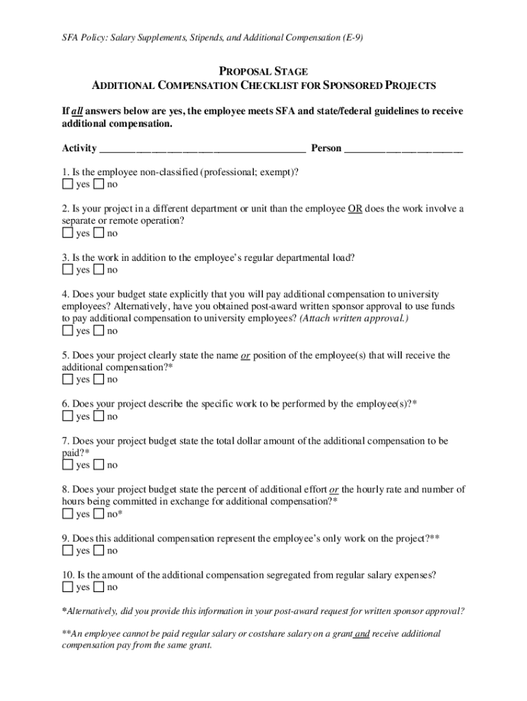 Fillable Online Additional Compensation Approval Form for Sponsored ...
