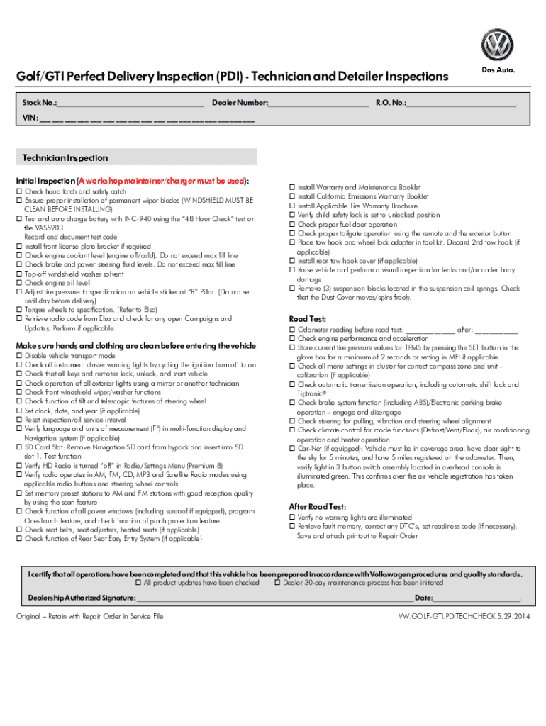 Fillable Online Golf/GTI Perfect Delivery Inspection (PDI) Fax Email ...