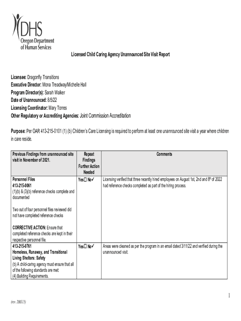 Fillable Online Unannounced Site Visit Report Fax Email Print - pdfFiller