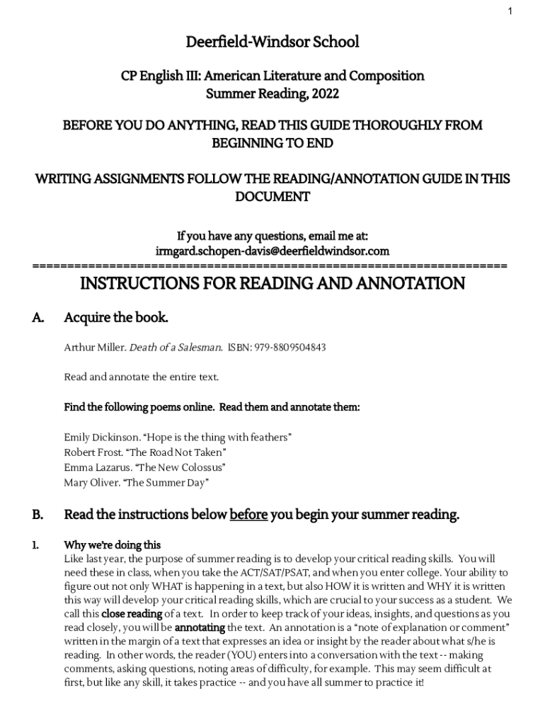 Fillable Online Honors/AP/IB English: Summer Reading Fax Email Print ...