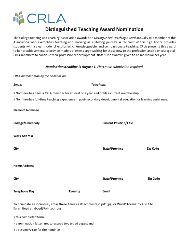 Fillable Online Distinguished Teaching Award Nomination Fax Email Print - pdfFiller