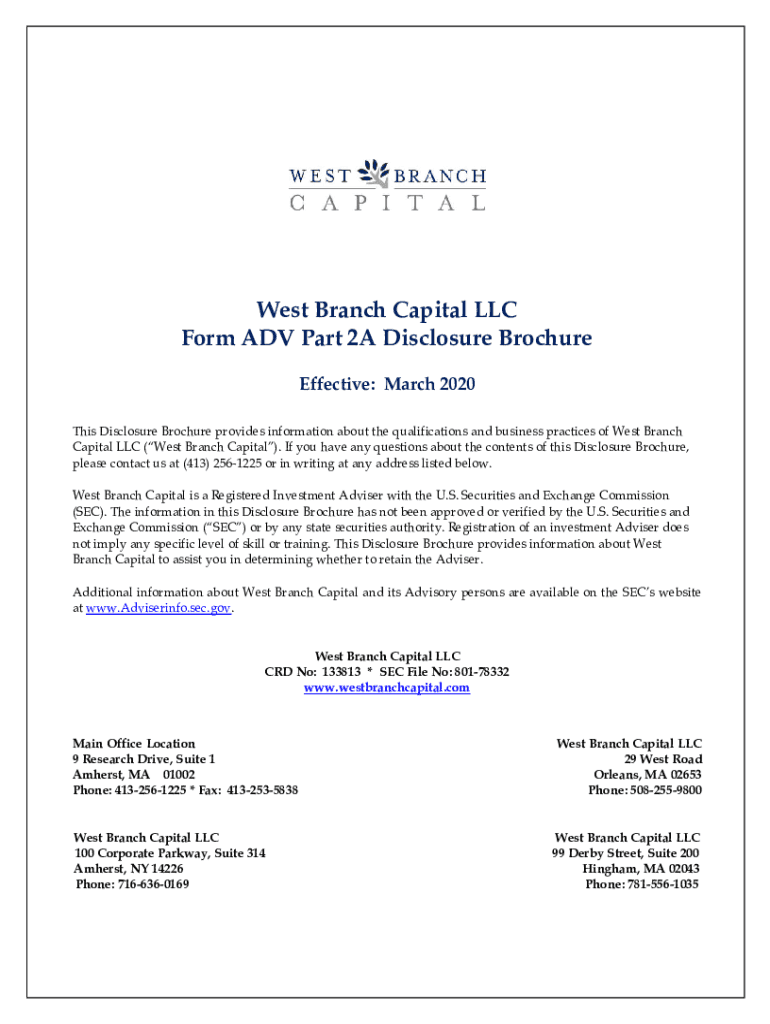 Fillable Online West Branch Capital LLC Form ADV Part 2A Disclosure ...