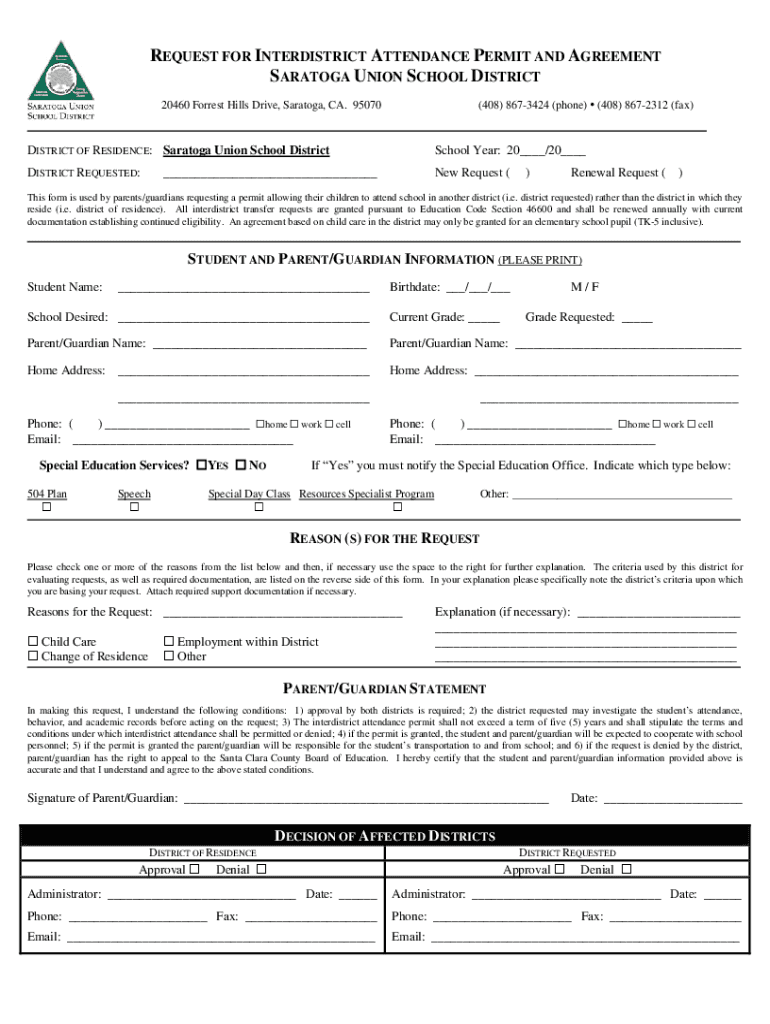 Fillable Online REQUEST FOR INTERDISTRICT ATTENDANCE PERMIT ... Fax Email Print - pdfFiller