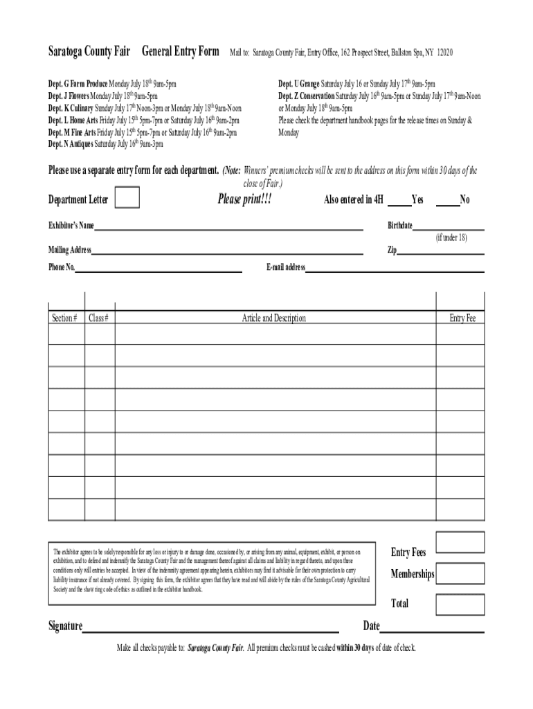 Fillable Online Saratoga County Fair General Entry Form Fax Email Print ...