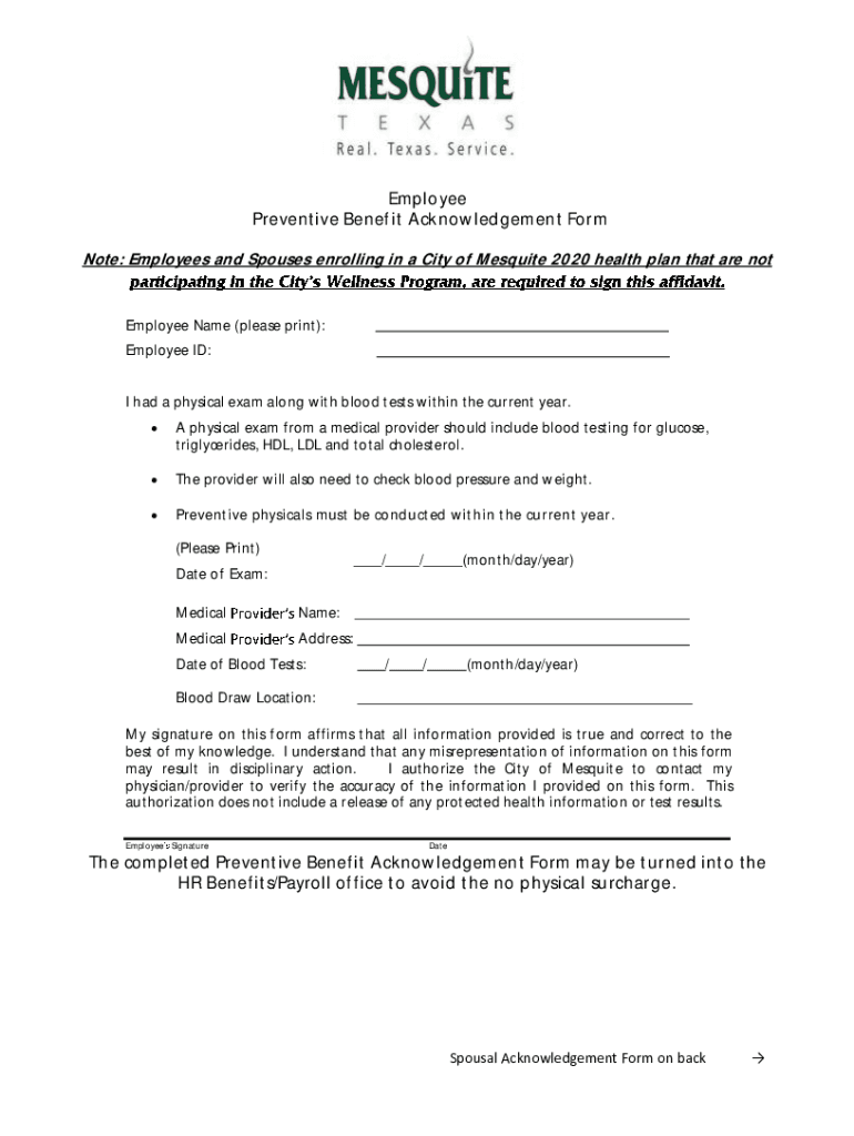 Fillable Online Employee Preventive Benefit Acknowledgement Form Note ...