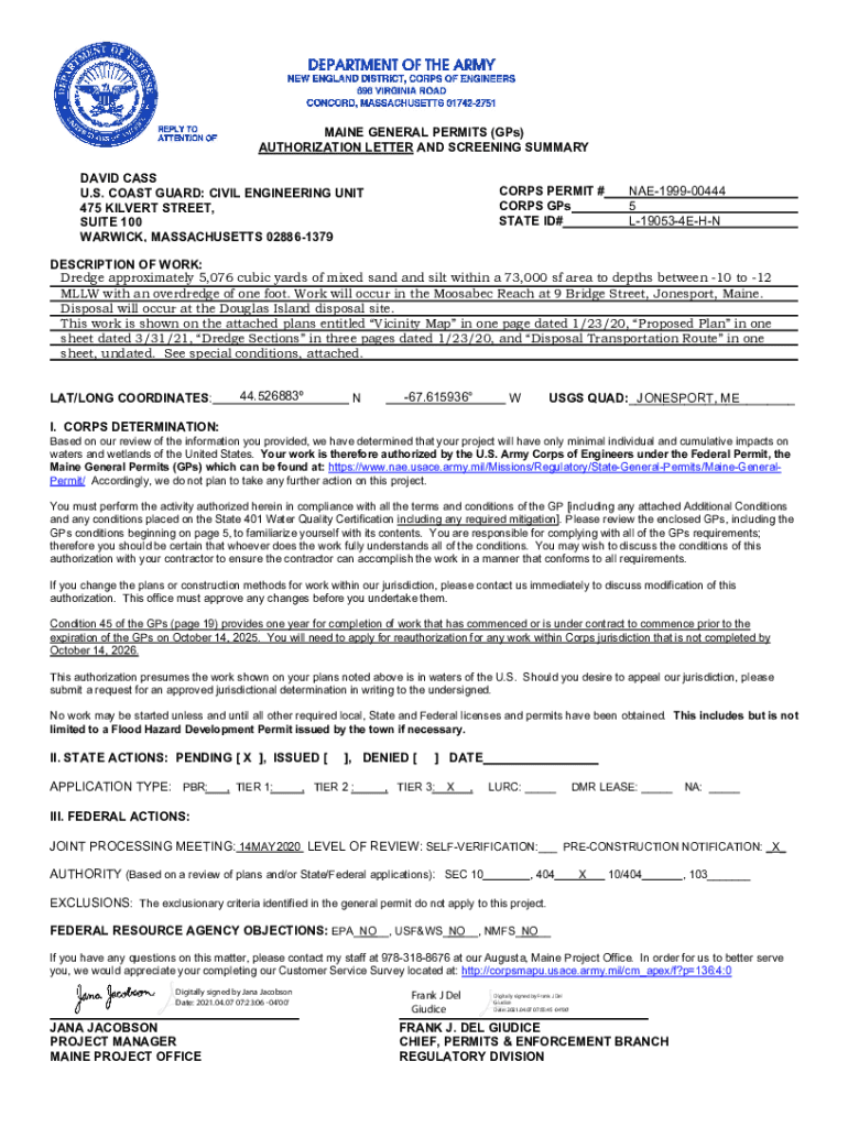 Fillable Online MAINE GENERAL PERMITS (GPs) AUTHORIZATION ... Fax Email ...