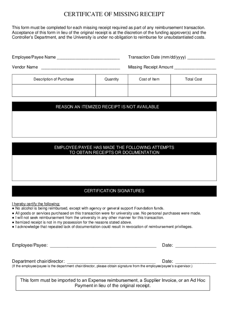 Fillable Online Accounting Services CERTIFICATE OF MISSING RECEIPT ...