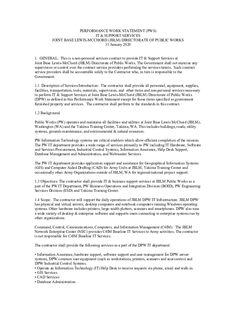 Fillable Online Performance Work Statement (PWS) template Fax Email ...