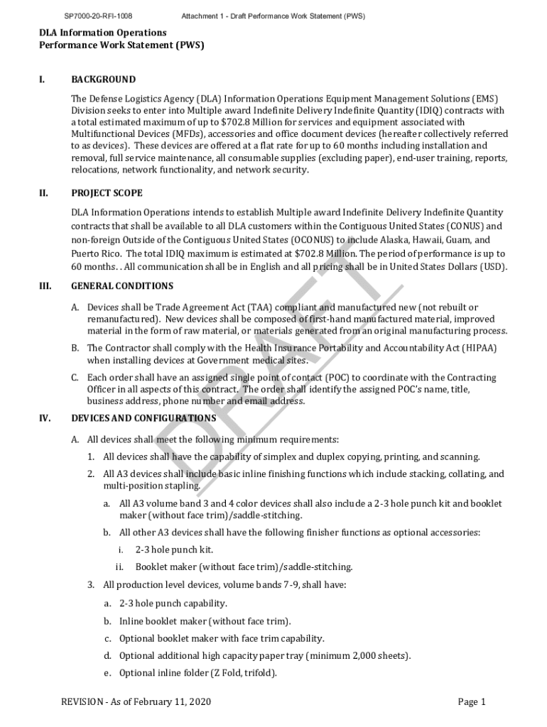 Fillable Online Draft Performance Work Statement (PWS) Fax Email Print - pdfFiller
