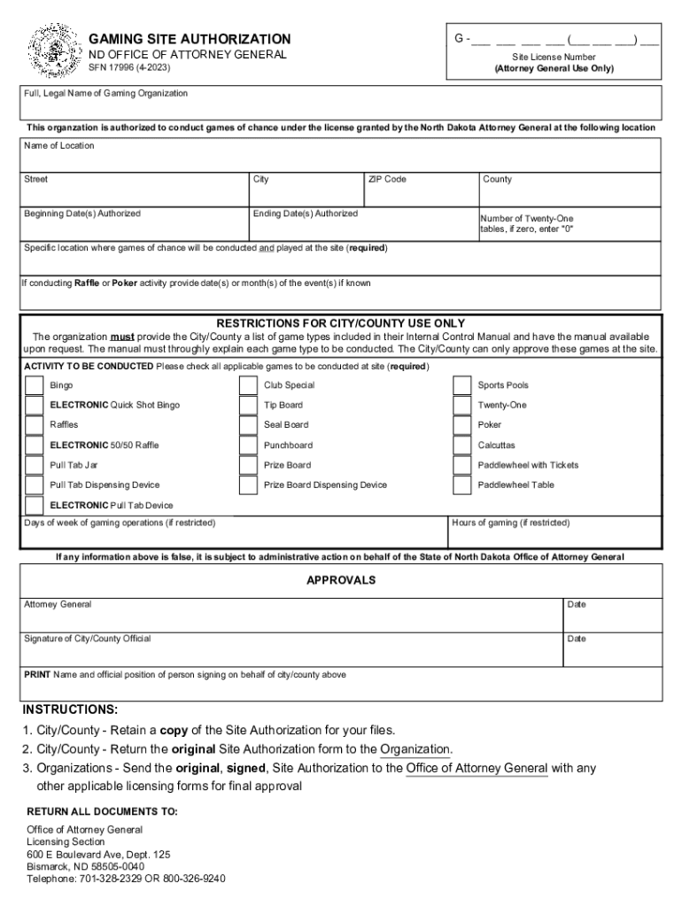 Fillable Online Site authorization, N.D. Admin. Code 99-01.3-01-02 Fax ...