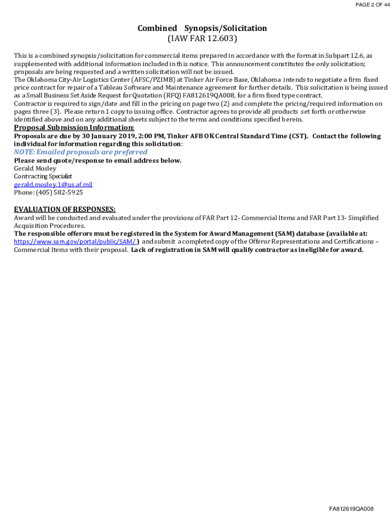 Fillable Online Combined Synopsis/Solicitation (IAW FAR 12.603) Fax ...