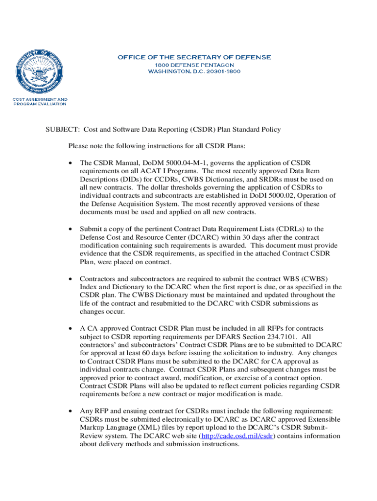 Fillable Online SUBJECT: Cost and Software Data Reporting (CSDR) Plan ...